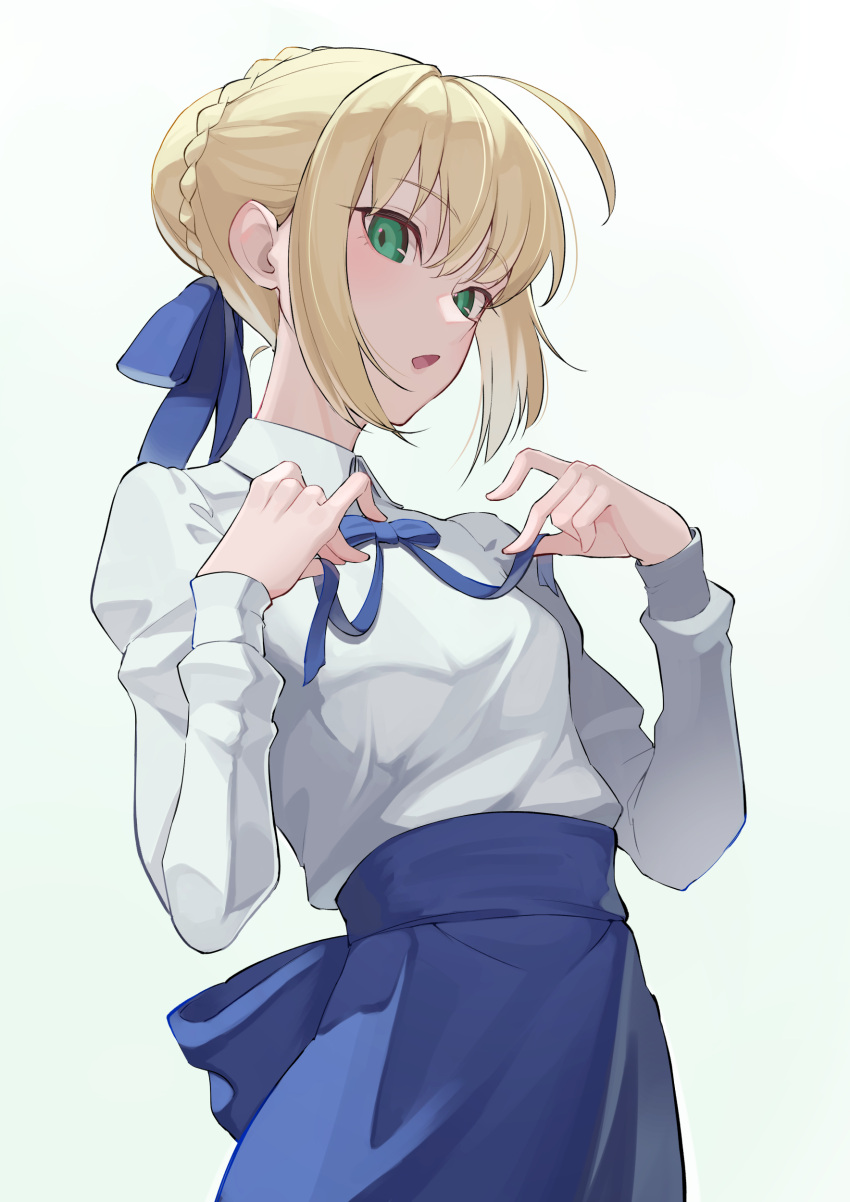Safebooru - 1girl absurdres ahoge artoria pendragon (fate) blonde hair blue ribbon blue skirt ...