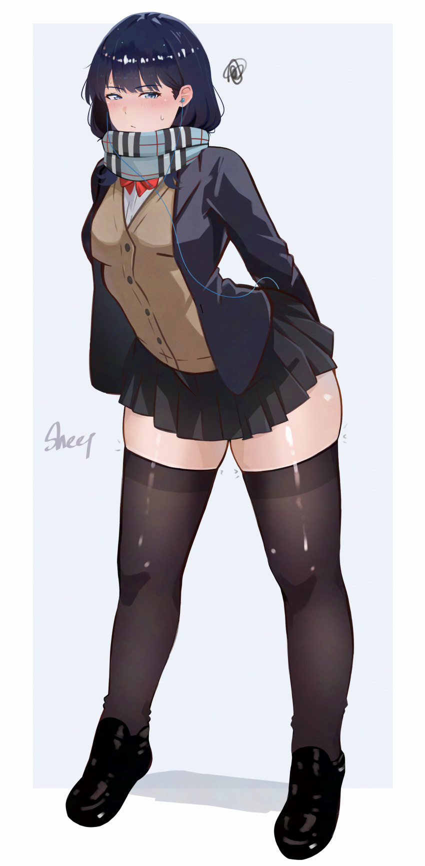 Safebooru - 1girl absurdres black hair black skirt blue eyes blush bow bowtie breasts earphones ...