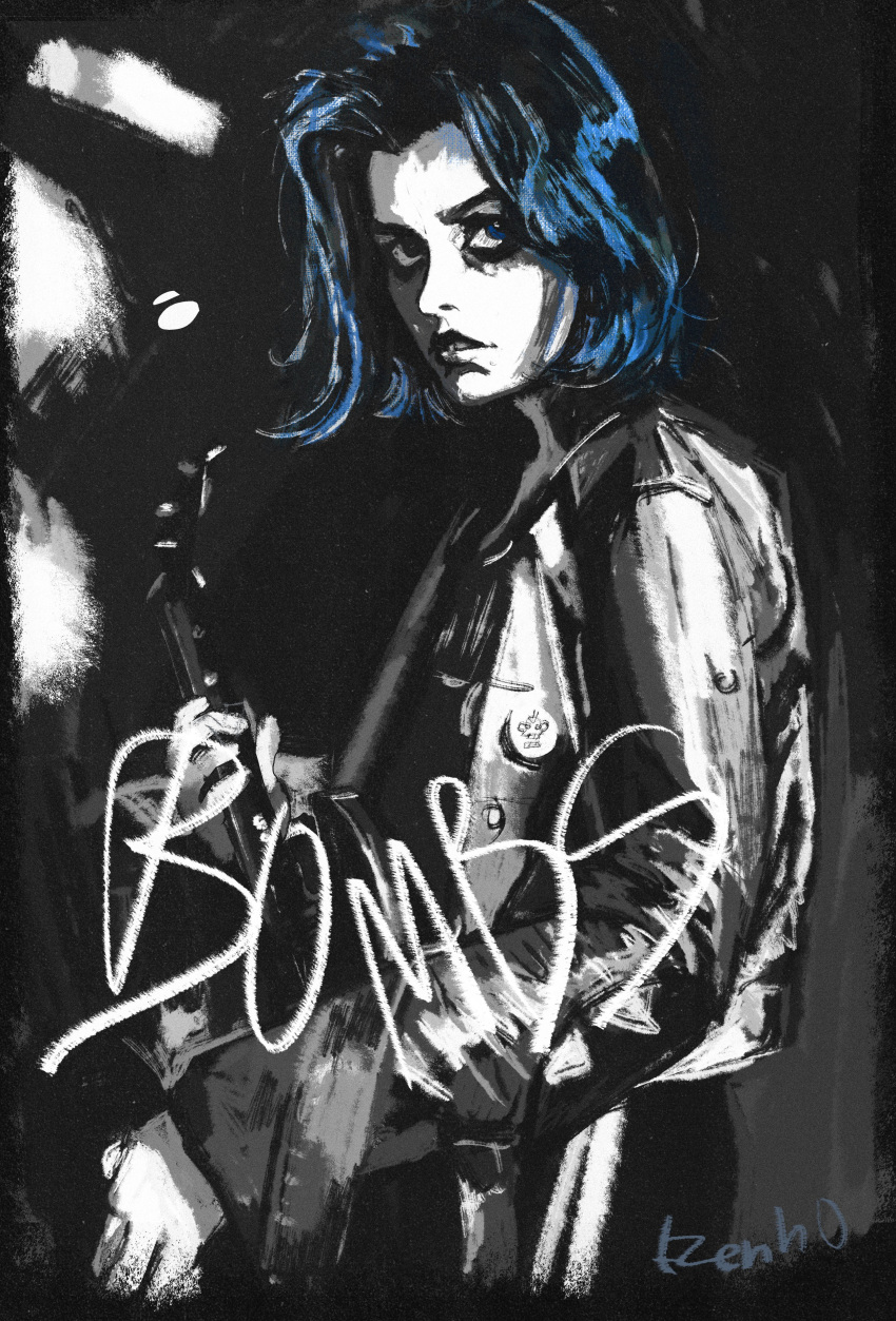 Safebooru - 1girl absurdres blue eyes blue hair greyscale guitar ...