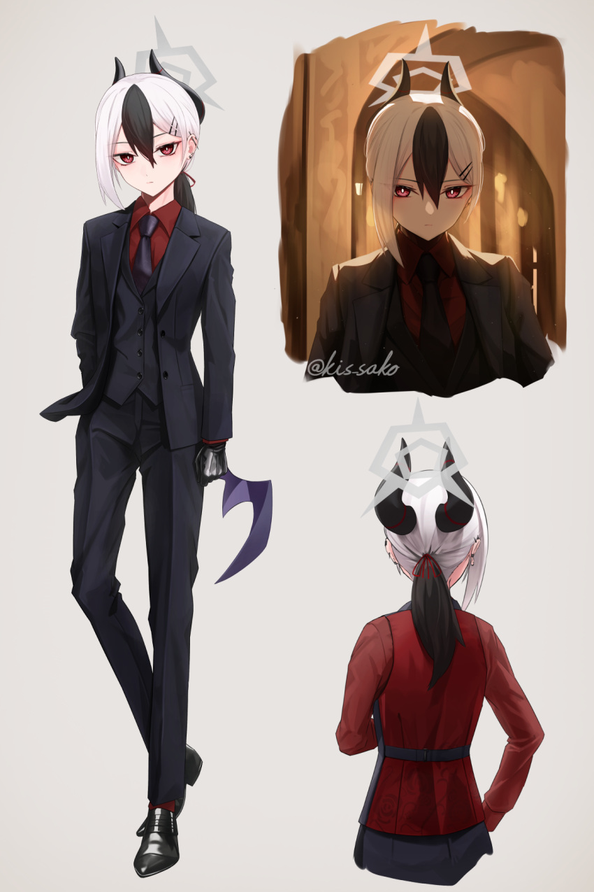 Safebooru - 1girl black gloves black hair black horns black jacket black necktie black pants ...