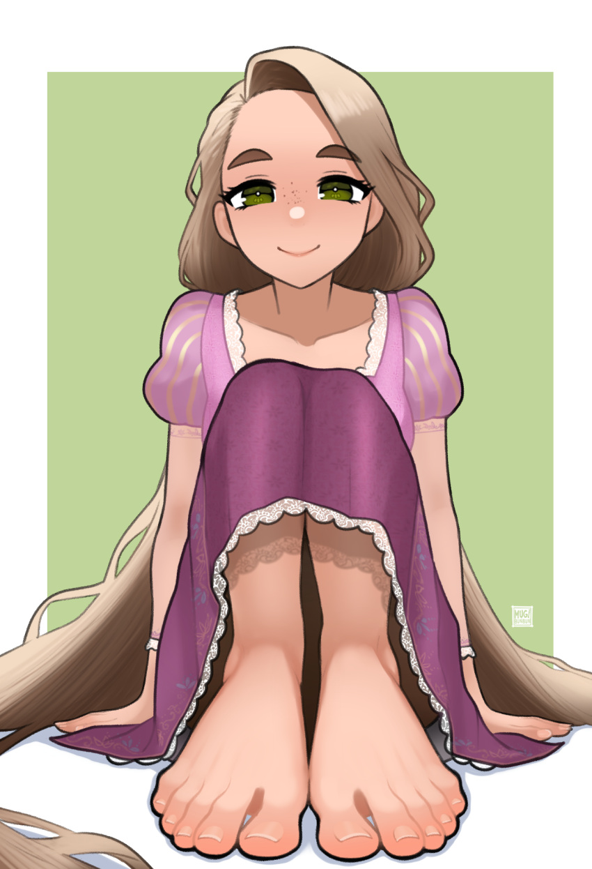 Safebooru - 1girl arm support barefoot blonde hair collarbone disney dress feet freckles greek ...