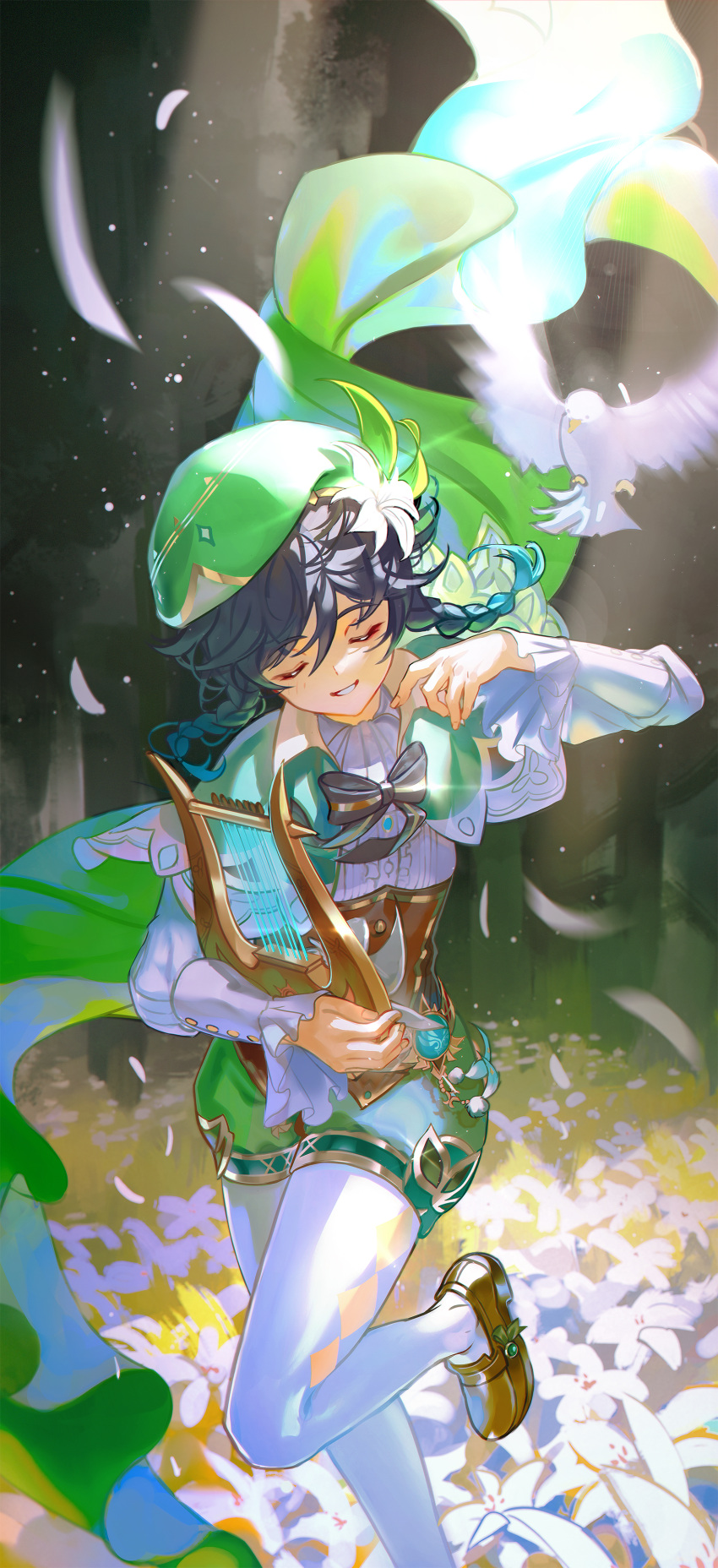 Safebooru - 1boy absurdres anemo symbol (genshin impact) aqua hair beret bird black bow black ...