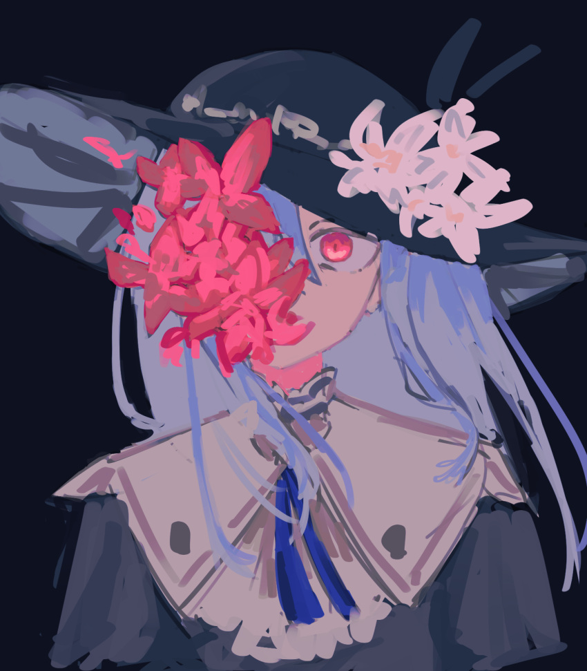 Safebooru - 1girl black background black hat blue hair flower grey hair ...