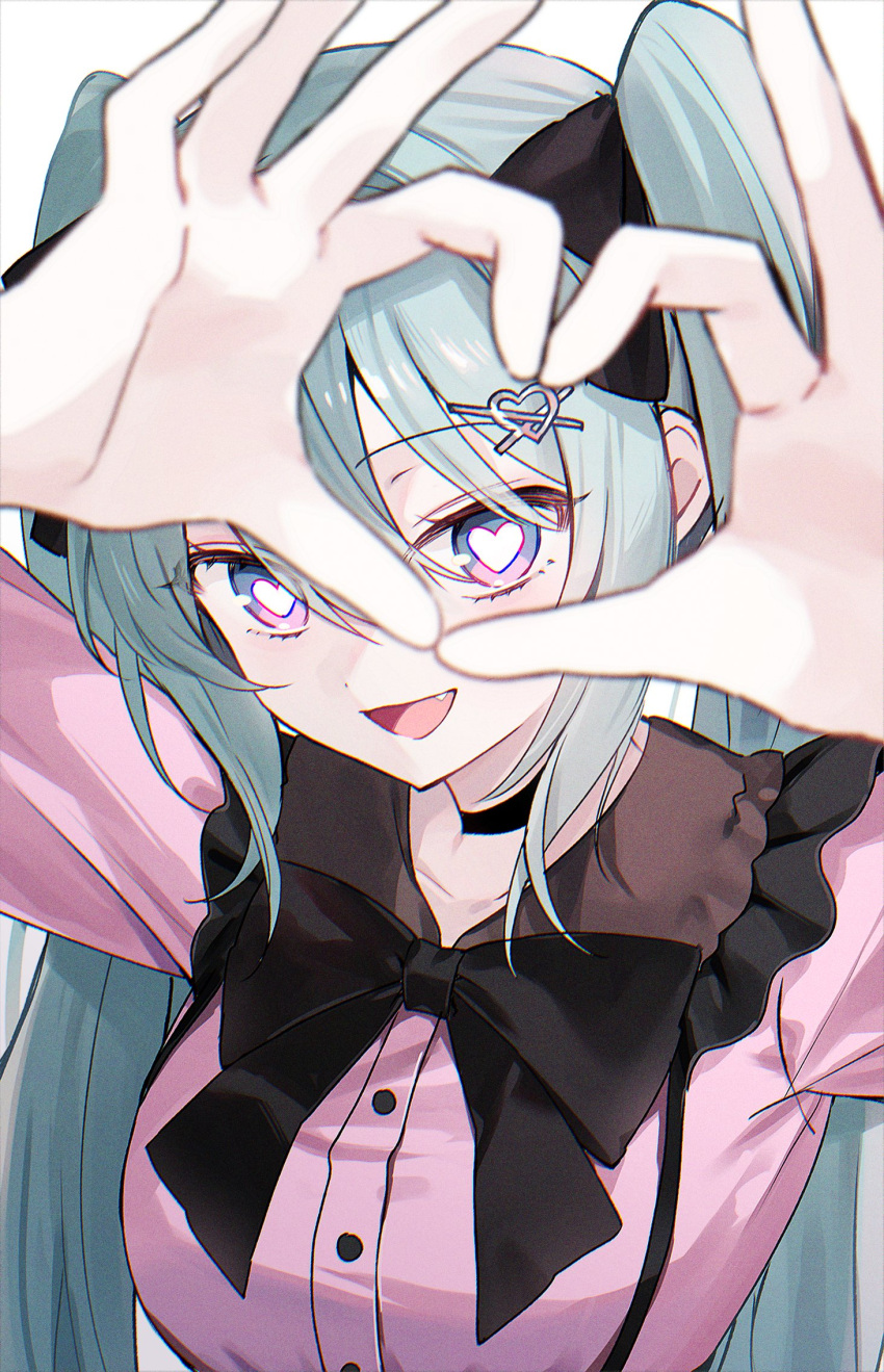 Safebooru - 1girl 4-finger heart hands alternate costume aqua hair ...