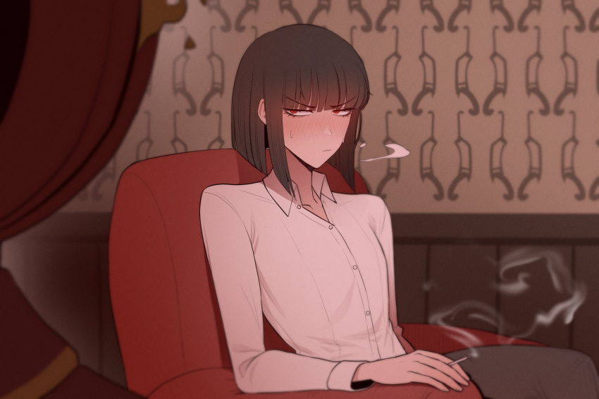 Safebooru - 1girl 1other black hair cigarette clock collared shirt dante (limbus company) fire ...