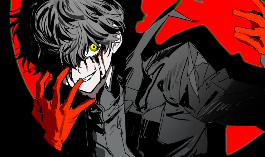 Safebooru - 1boy amamiya ren black jacket blood from forehead gloves goguma wagamja grey jacket ...