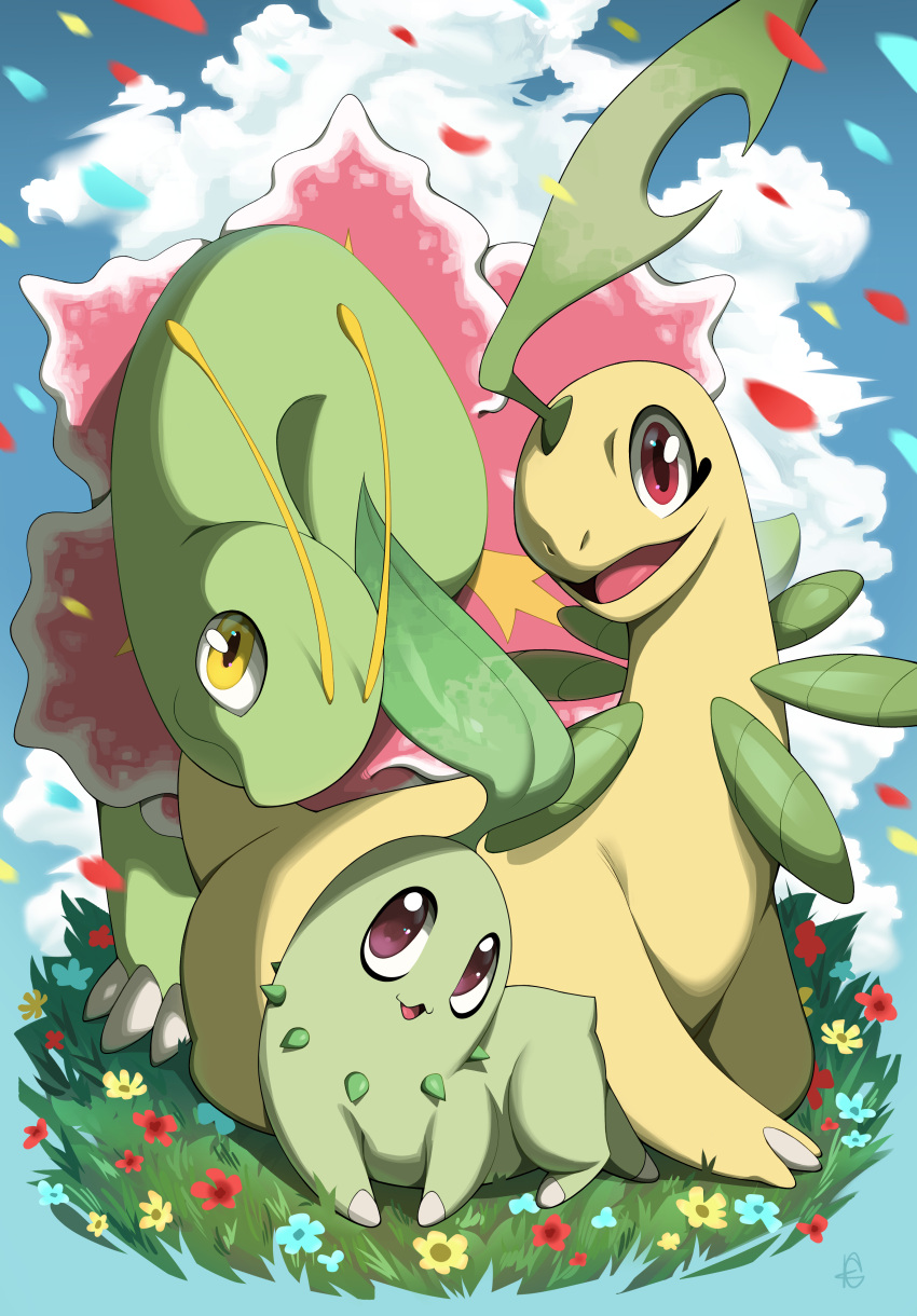 Safebooru - absurdres antennae bayleef chikorita clouds commentary ...