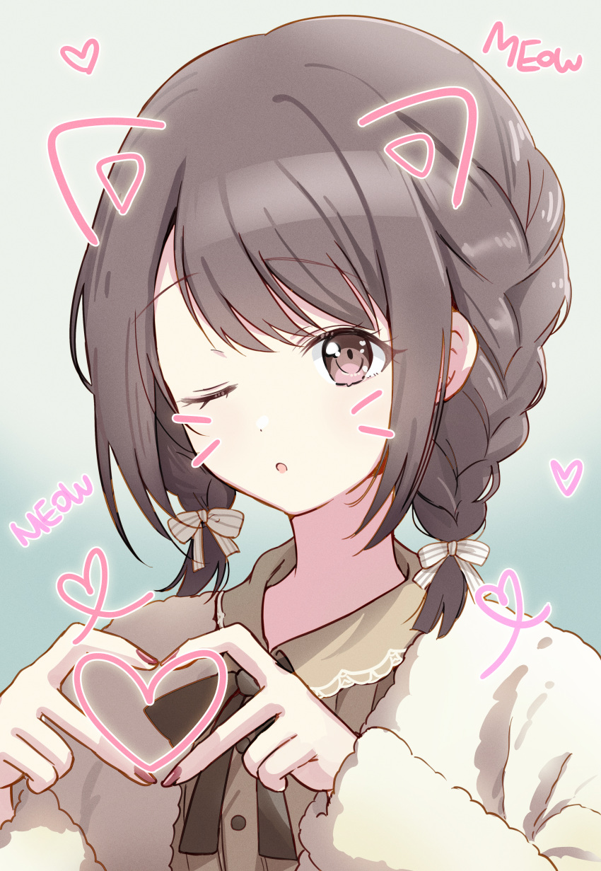 Safebooru - 1girl ;o absurdres ash (cat7evy) black bow blue background bow braid brown eyes ...