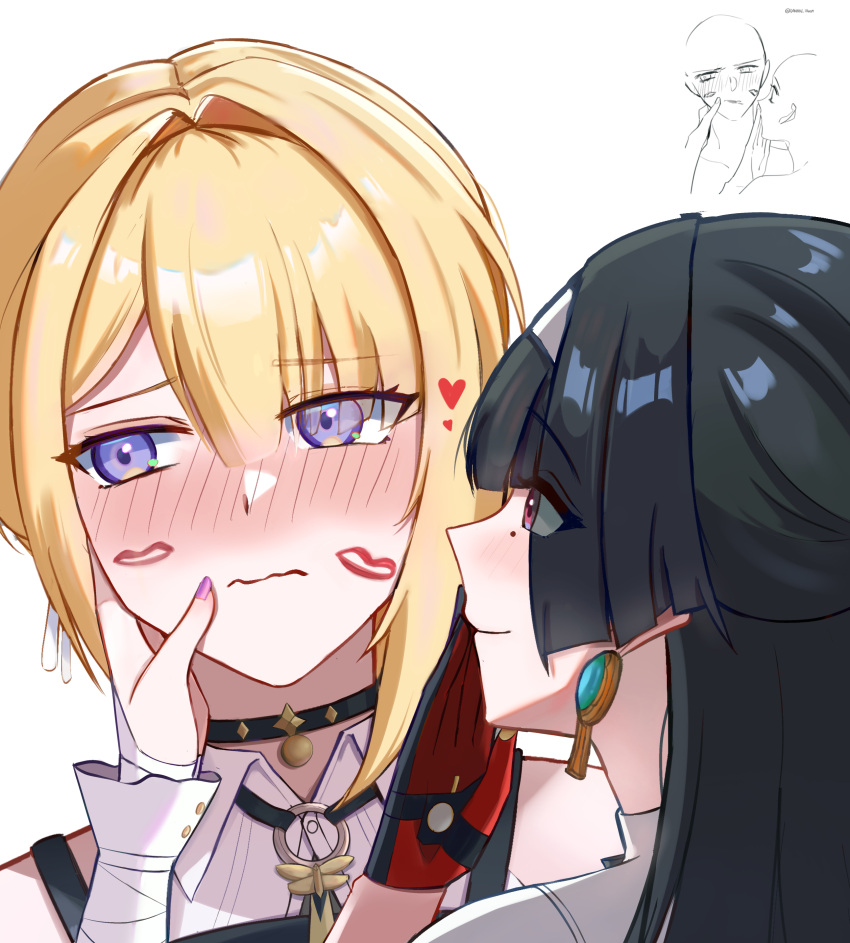 Safebooru - 2girls absurdres astra yao black hair blonde hair blush closed mouth collared shirt ...
