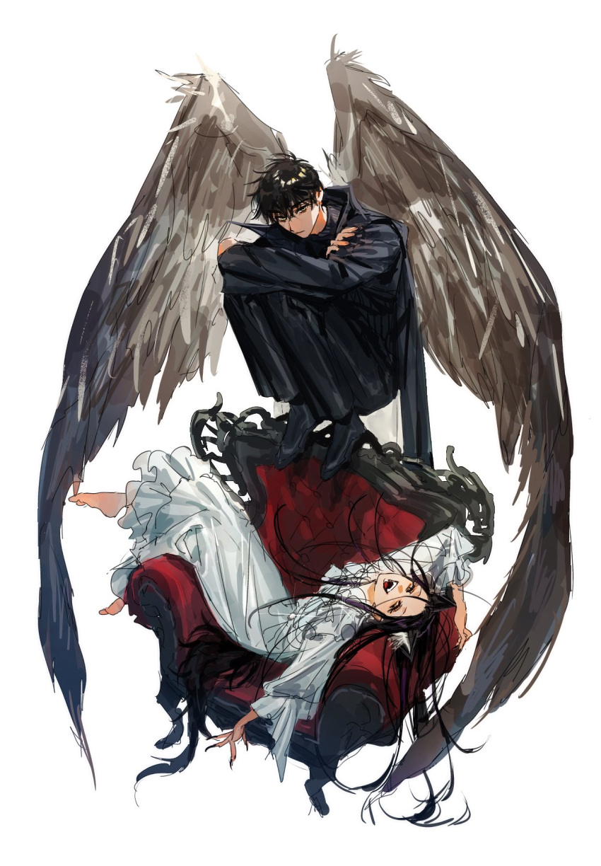 Safebooru - 1boy 1girl black coat black hair black skirt coat crema 525 dress highres kamisaki ...