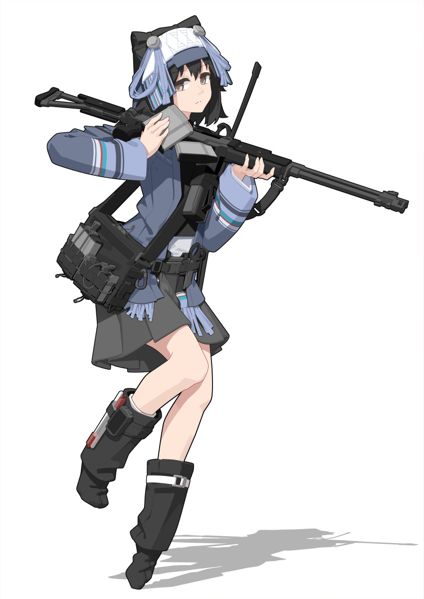 Safebooru - 1girl absurdres bag belt black eyes black hair hat highres holding holding weapon ...
