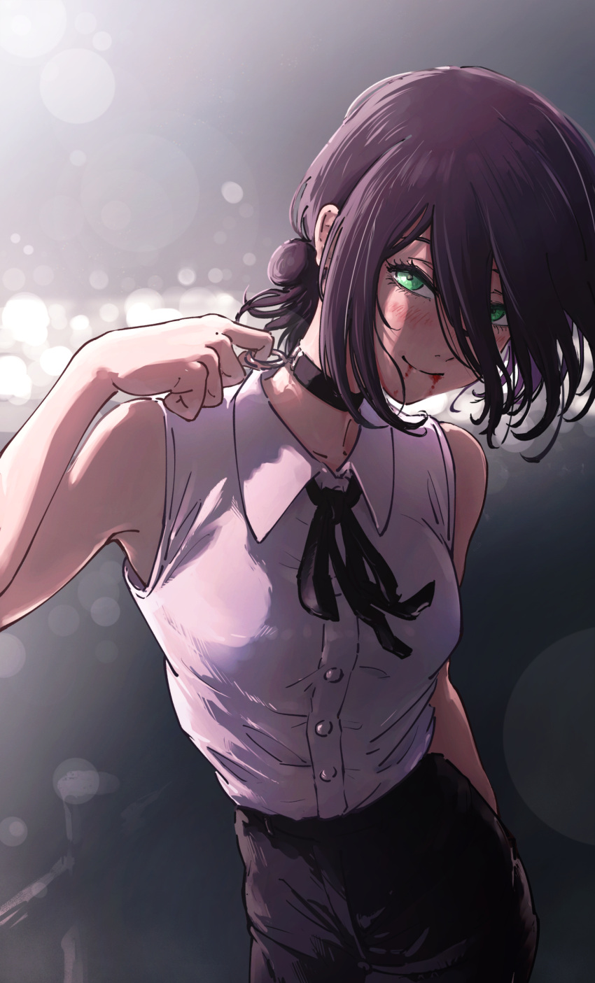 Safebooru - 1girl black choker black hair black shorts chainsaw man choker green eyes grenade ...