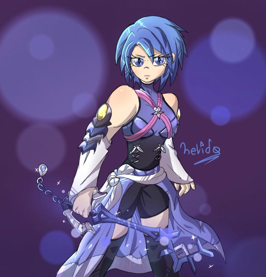 Safebooru - 1girl aqua (kingdom hearts) bare shoulders belt black shorts blue eyes blue hair ...
