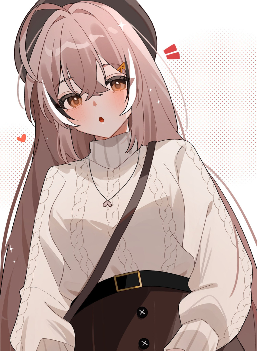 Safebooru - 1girl :o ahoge alternate costume belt beret brown eyes brown hair brown skirt ...