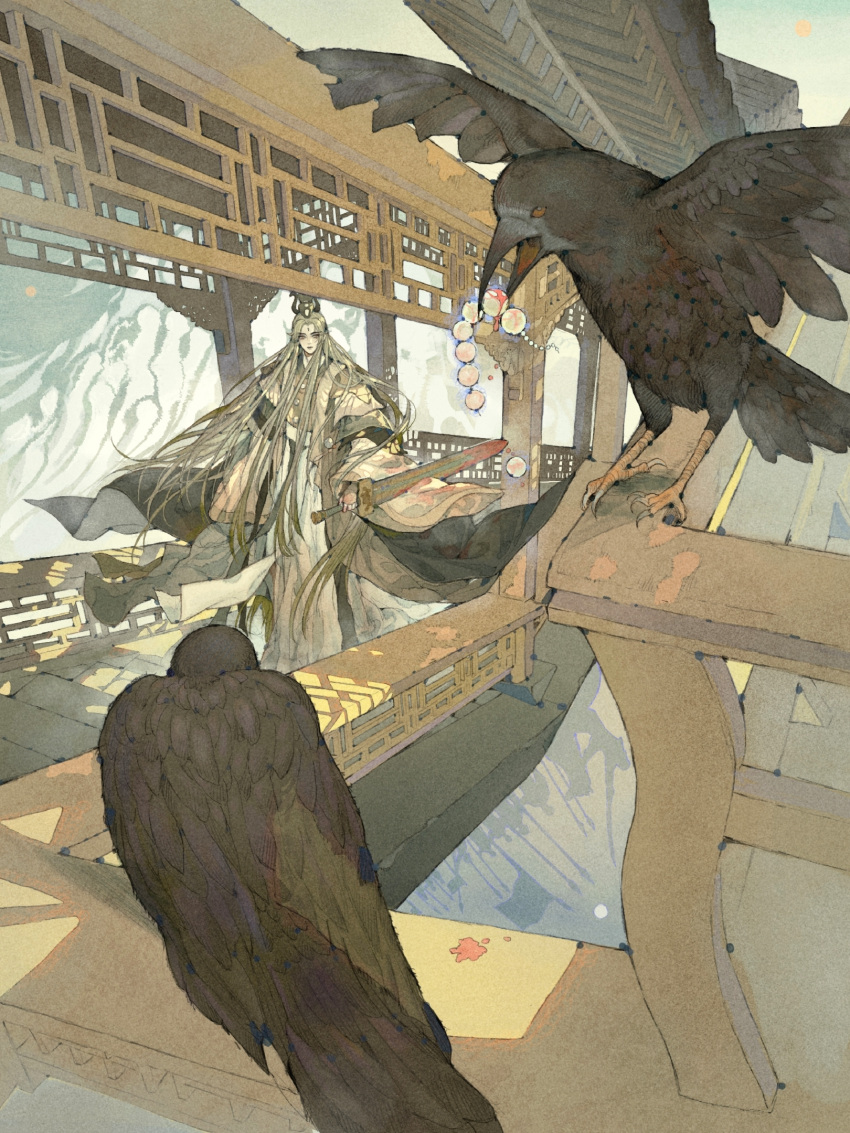 Safebooru - 1boy 4k123 architecture beads beak hold bird chinese ...