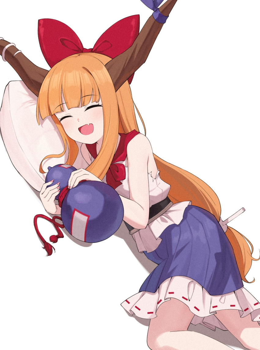 Safebooru - 1girl :d bare arms bare shoulders blunt bangs bow closed eyes fang feet out of frame ...