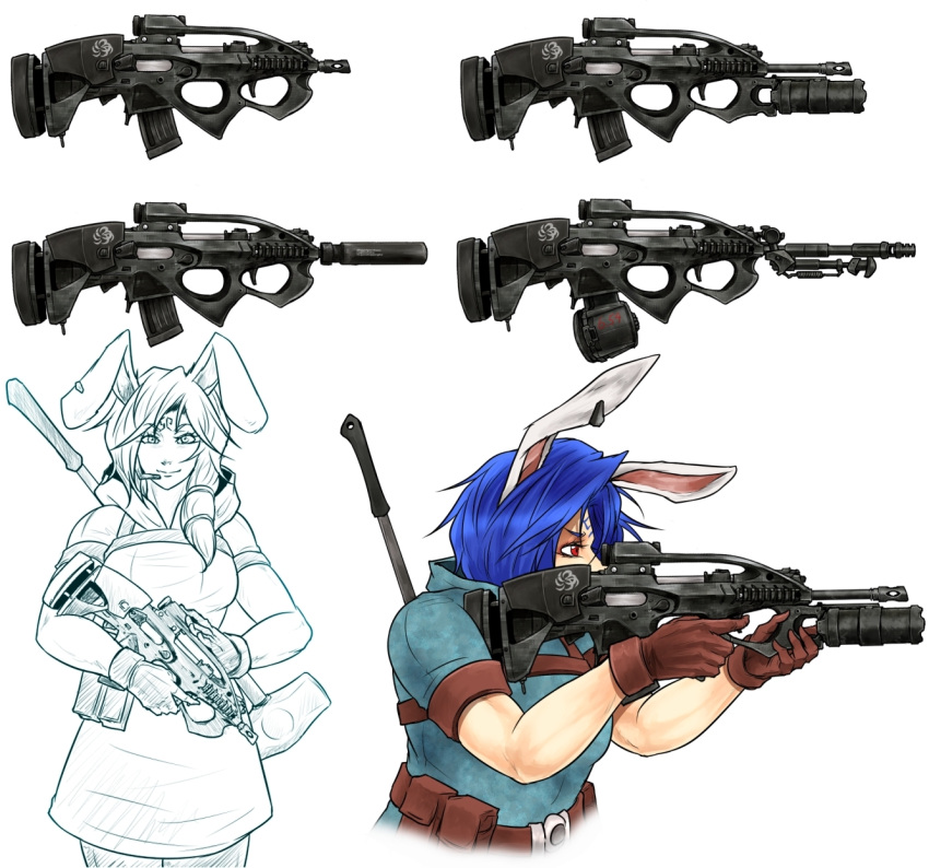 Safebooru - 1girl animal ears assault rifle blue dress blue hair brown gloves closed mouth ...