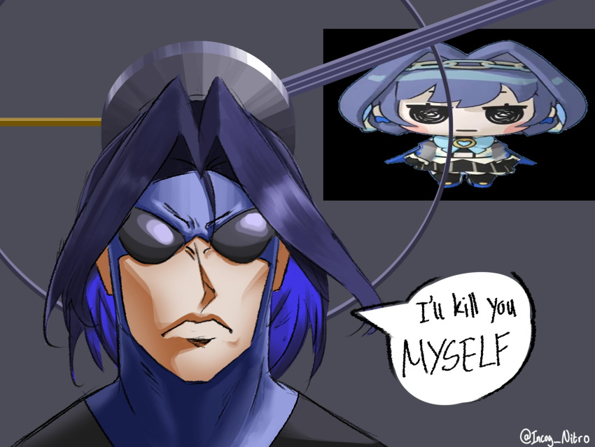 Safebooru - 1girl 1other alternate costume blue hair chibi cosplay hair intakes halo highres ...