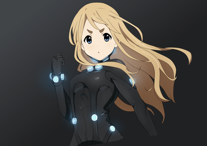 Safebooru - 1girl absurdres black background blonde hair blue eyes breasts clenched hand gantz ...