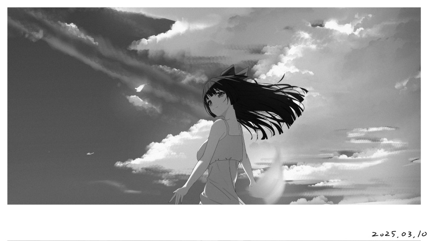 Safebooru - 1girl absurdres bare shoulders blunt bangs border breasts closed mouth clouds ...