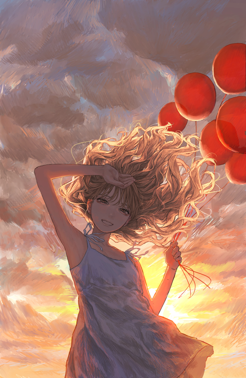 Safebooru - 1girl absurdres arm up backlighting balloon brown eyes brown hair clouds dress flat ...