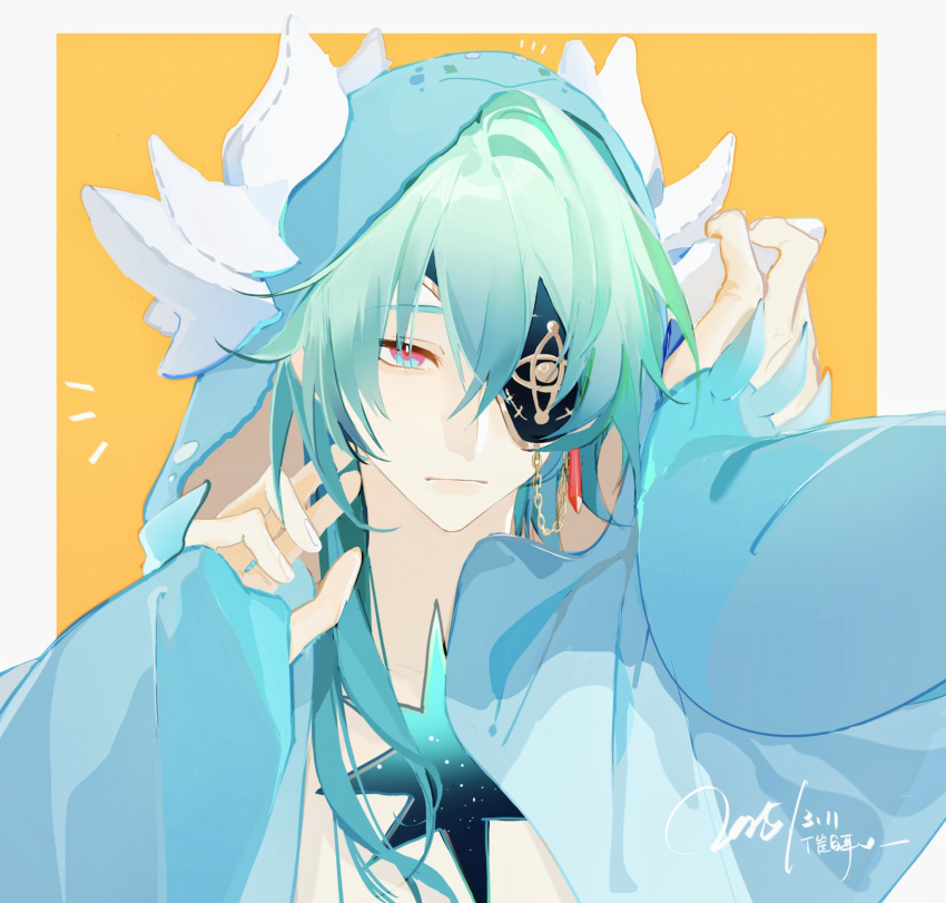 Safebooru - 1boy alternate costume anaxa (honkai: star rail) bishounen blue hair border closed ...