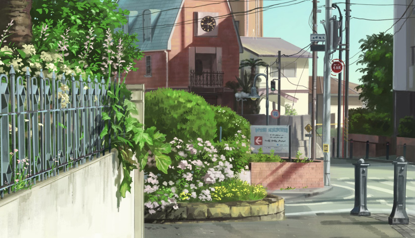 Safebooru - balcony blue sky building bush clock commentary request day ...