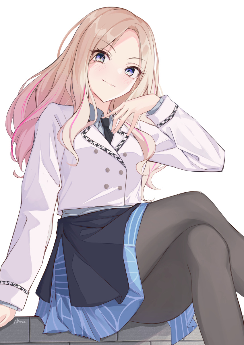 Safebooru - 1girl absurdres black necktie blonde hair blue overskirt blue skirt blush crossed ...