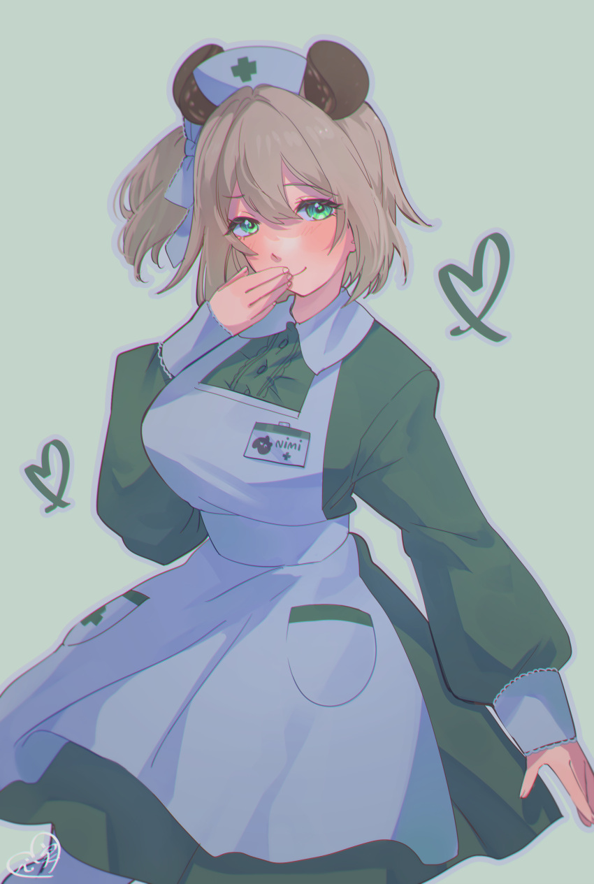 Safebooru - 1girl absurdres apron blush brown hair closed mouth collared dress dress green dress ...