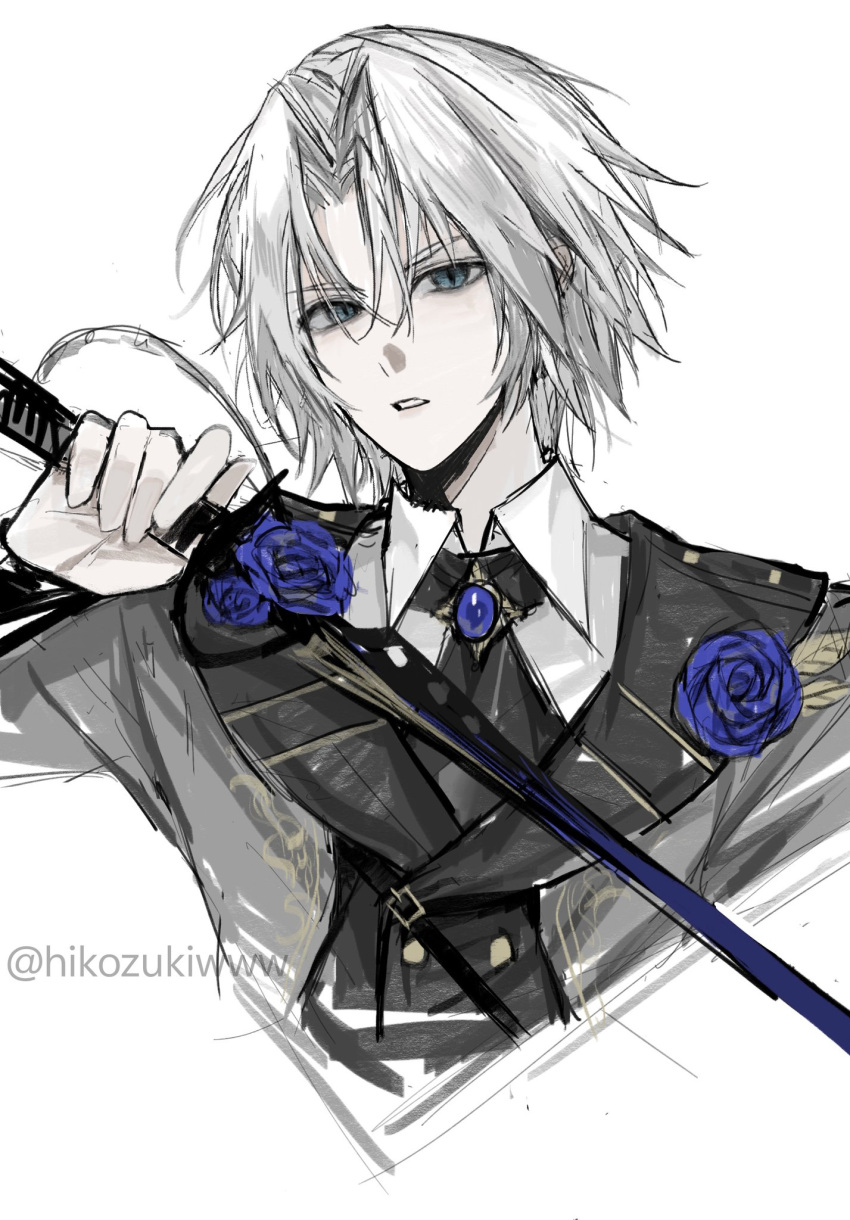 Safebooru - 1boy ascot black ascot blue flower blue gemstone blue rose collared shirt final ...