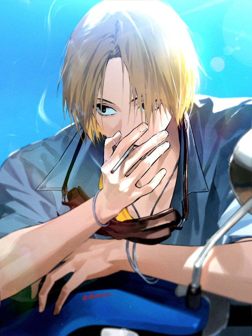 Safebooru - 1boy black eyes blonde hair blue shirt blue sky bracelet ...
