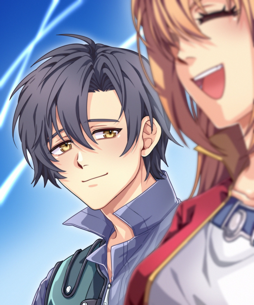 Safebooru - 1boy 1girl absurdres ahoge black hair blue sky curtained hair eiyuu densetsu english ...