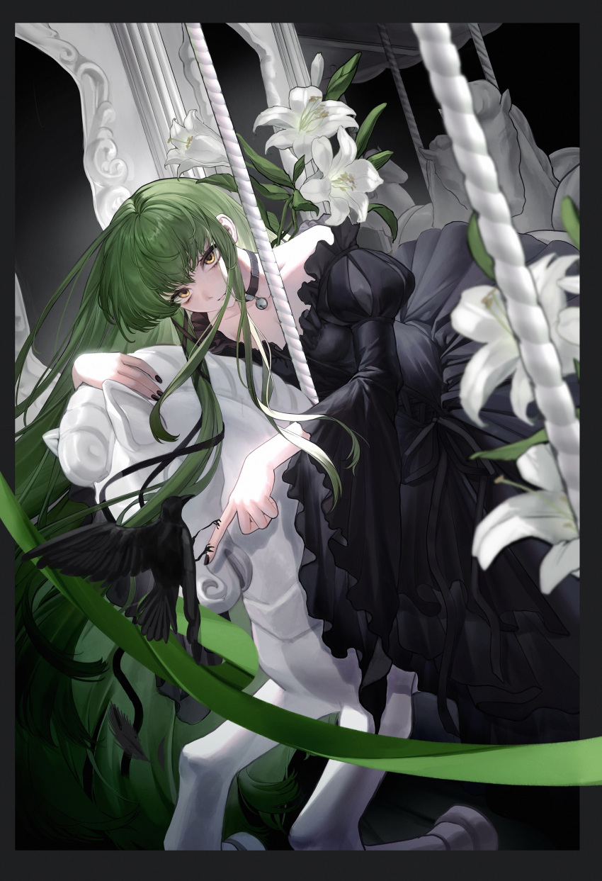 Safebooru - 1girl absurdres bird black bird black border black choker black dress black nails ...