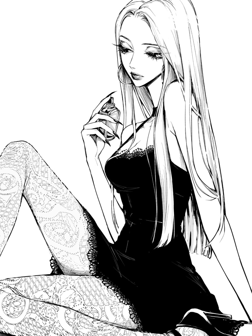 Safebooru 1girl Closed Mouth Dress Earrings Fingernails Greyscale 9023