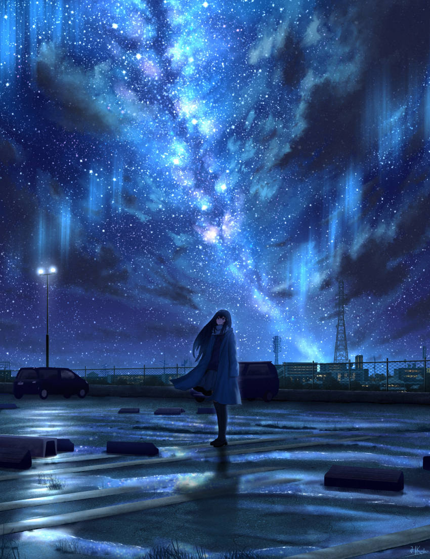 Safebooru - 1girl absurdres aurora black hair black shoes black thighhighs blue coat blue skirt ...