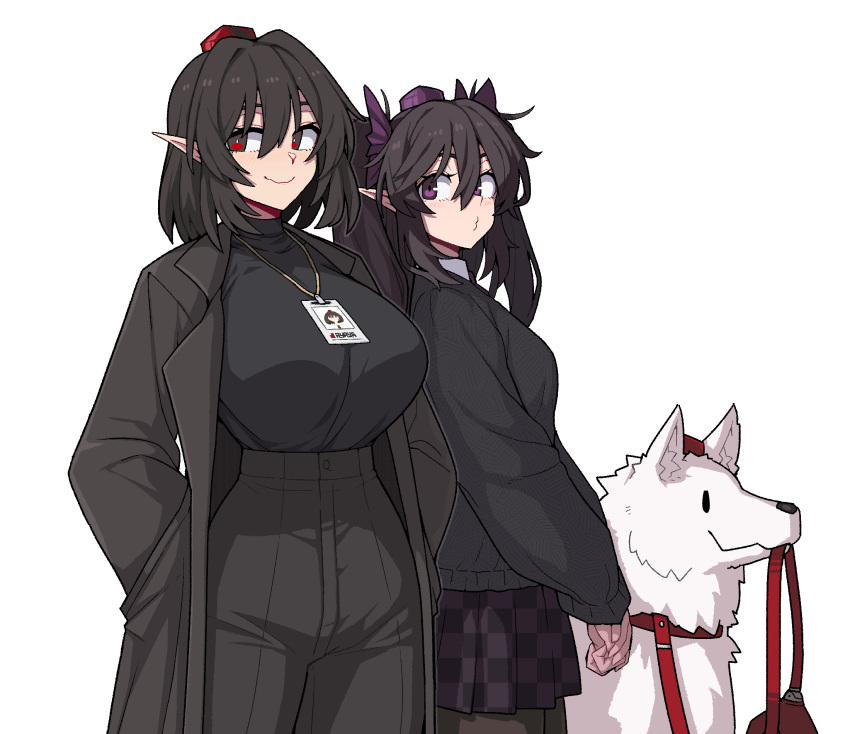 Safebooru - 2girls animalization black hair black jacket black pants black shirt breasts brown ...