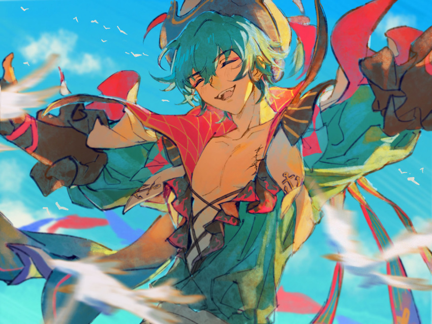 Safebooru - 1boy blue background blue hair brant (wuthering waves) closed eyes clouds cowboy ...