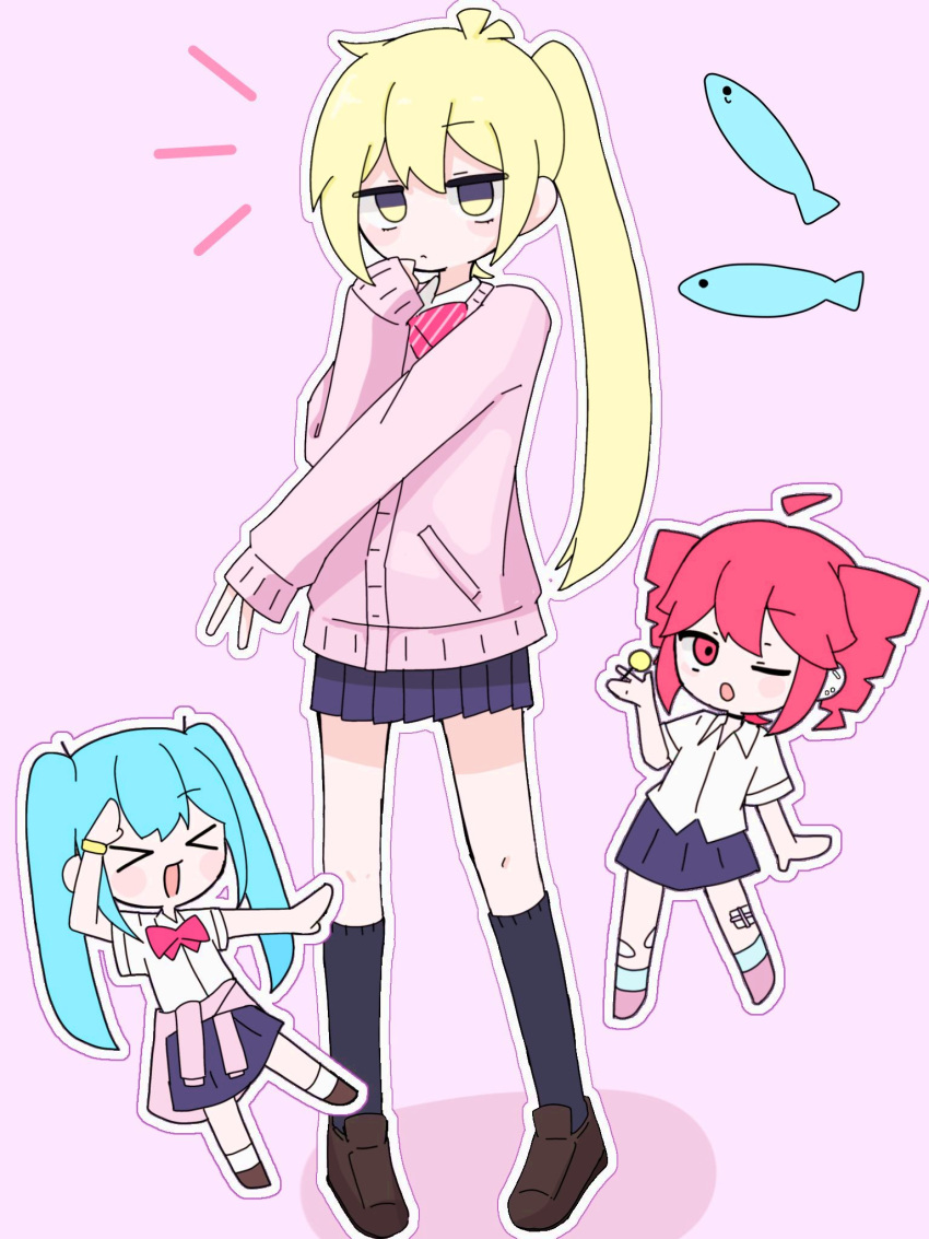 Safebooru - 3girls akita neru aqua hair blonde hair cardigan drill hair ...
