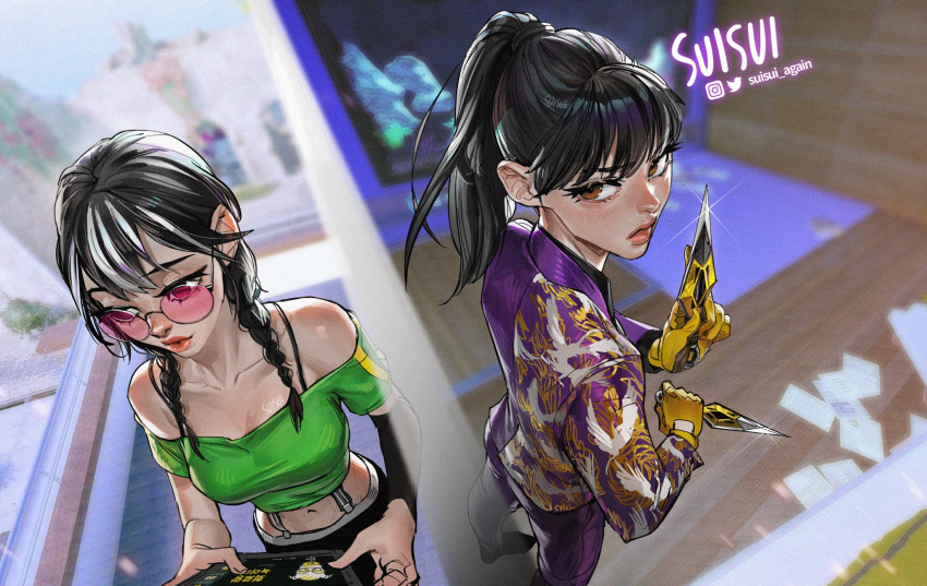 Safebooru - 2girls artist name azami (rainbow six siege) black-framed eyewear bra strap braid ...