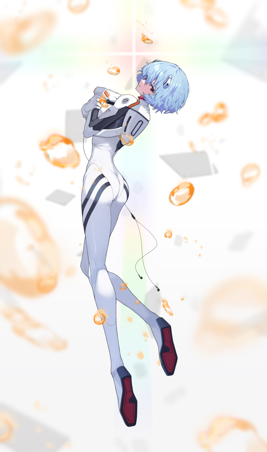 Safebooru - 1girl absurdres arume ad ayanami rei blue hair bodysuit flying full body highres ...
