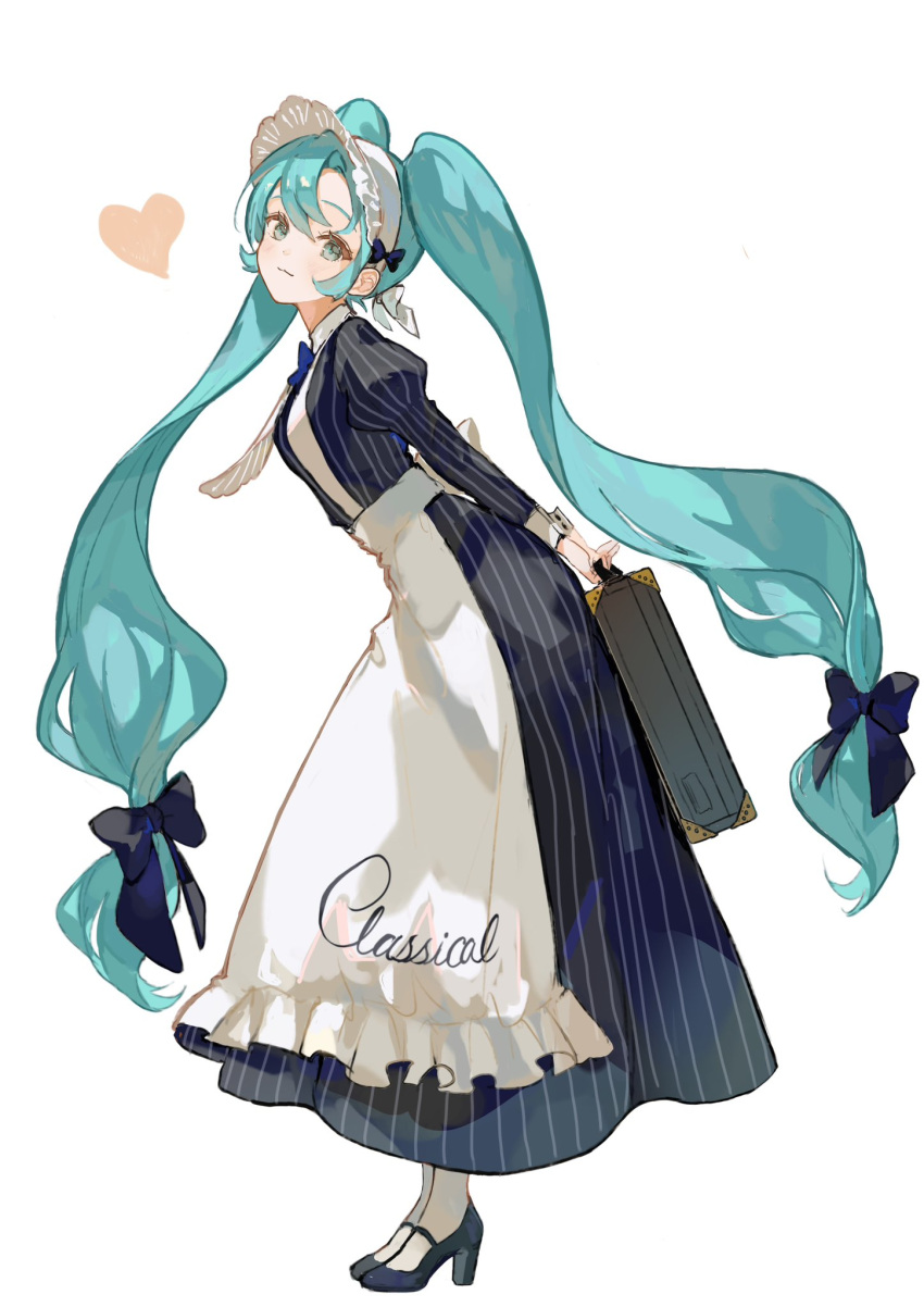 Safebooru - 1girl :3 alternate costume apron aqua eyes aqua hair back bow black bow black shoes ...
