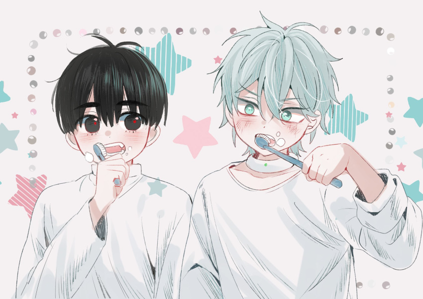 Safebooru - 2boys aged down alien stage black eyes black hair brushing ...