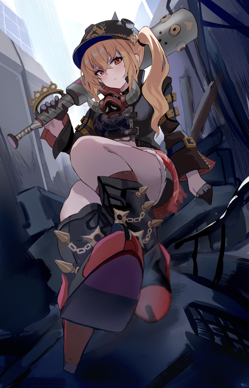 Safebooru - 1girl absurdres baseball bat black boots black gloves black hat black jacket black ...