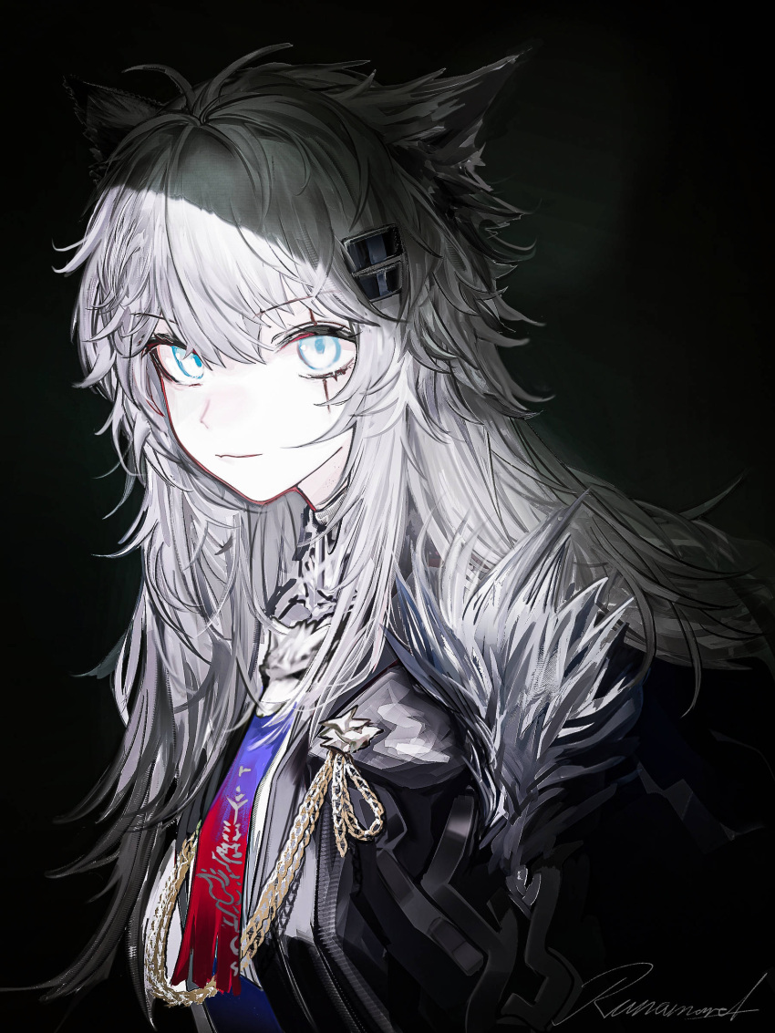 Safebooru - 1girl absurdres aiguillette animal ears arknights artist name black background blue ...