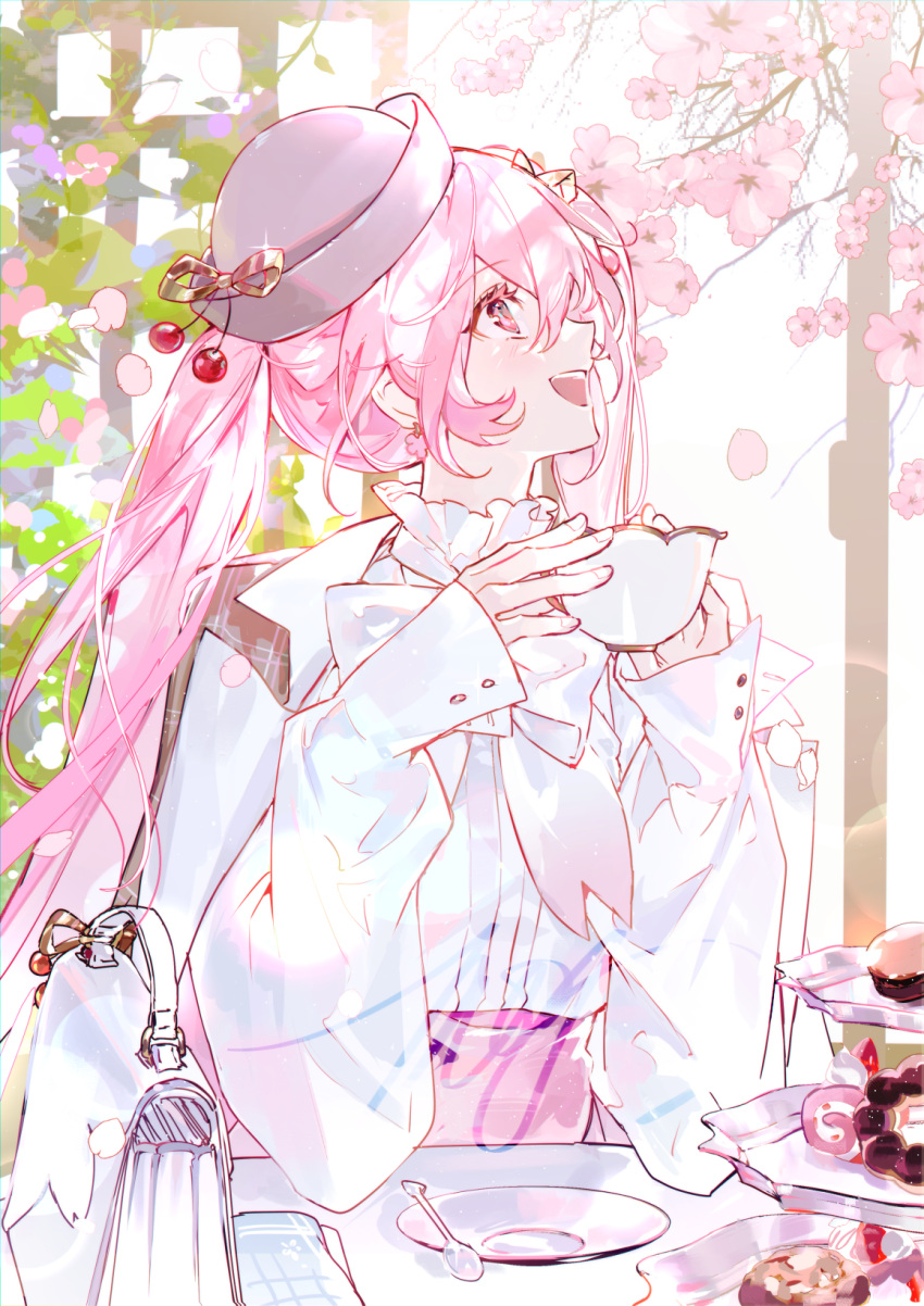 Safebooru - 1girl cherry hat ornament collar cup elbow on table english ...