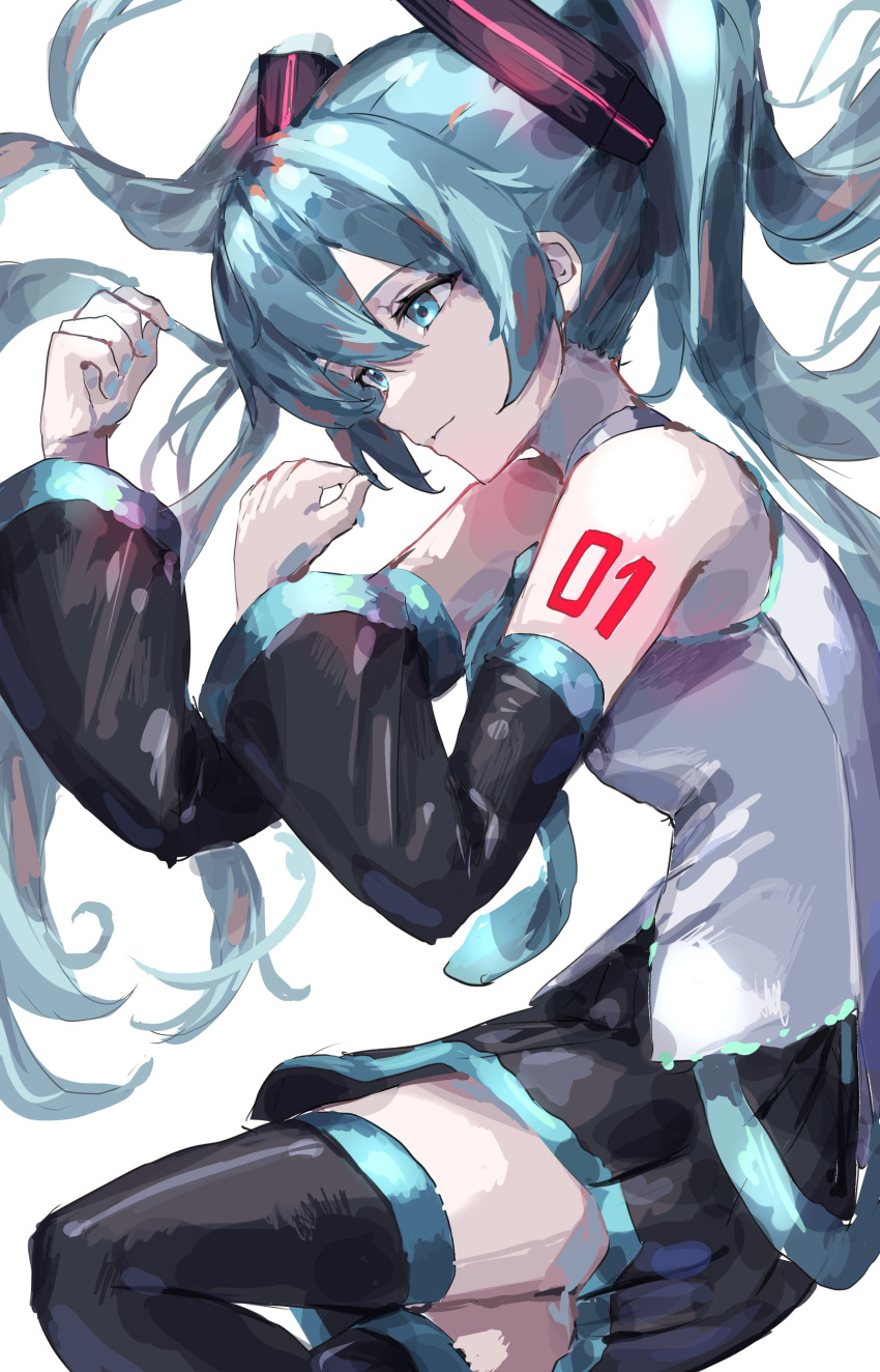 Safebooru - 1girl absurdres aqua eyes aqua hair bare shoulders black skirt black sleeves black ...