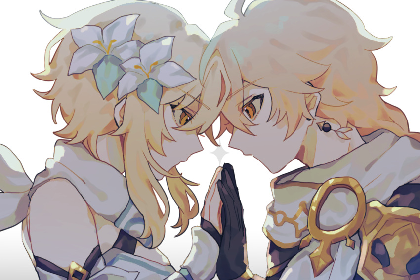 Safebooru - 1boy 1girl aether (genshin impact) ahoge bare shoulders black gloves blonde hair ...