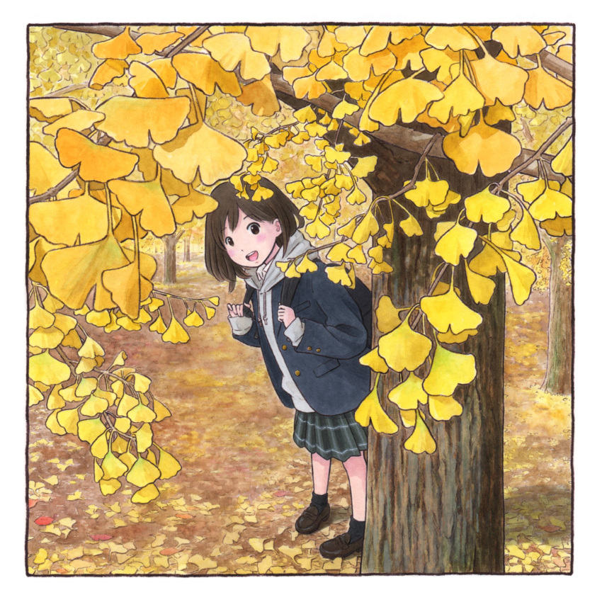 Safebooru 1girl D Autumn Leaves Backpack Bag Black Bag Black Eyes 5745