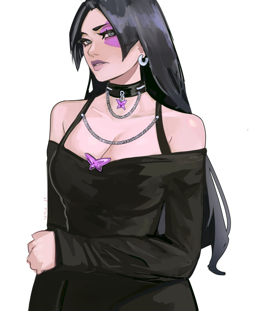 Safebooru - 1girl absurdres black hair breasts choker dress earrings formal clothes highres ...