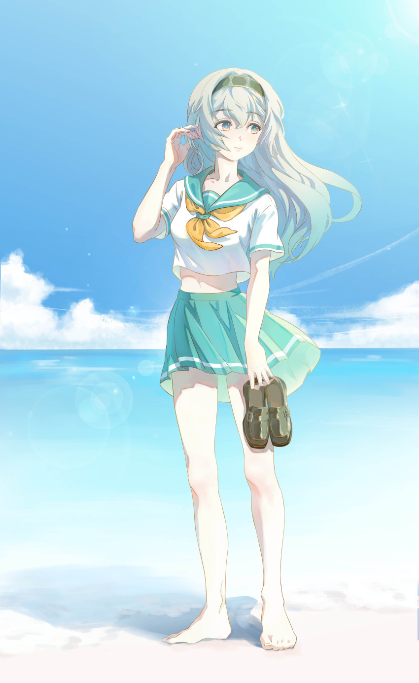 Safebooru - 1girl absurdres aqua skirt barefoot beach black hairband blue sky clouds cloudy sky ...